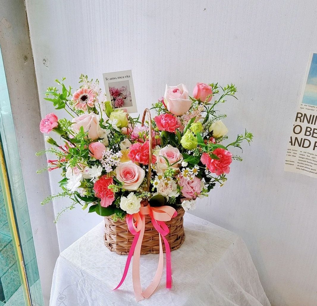 핑크파스텔톤 풍성 꽃바구니 배민 장보기∙쇼핑