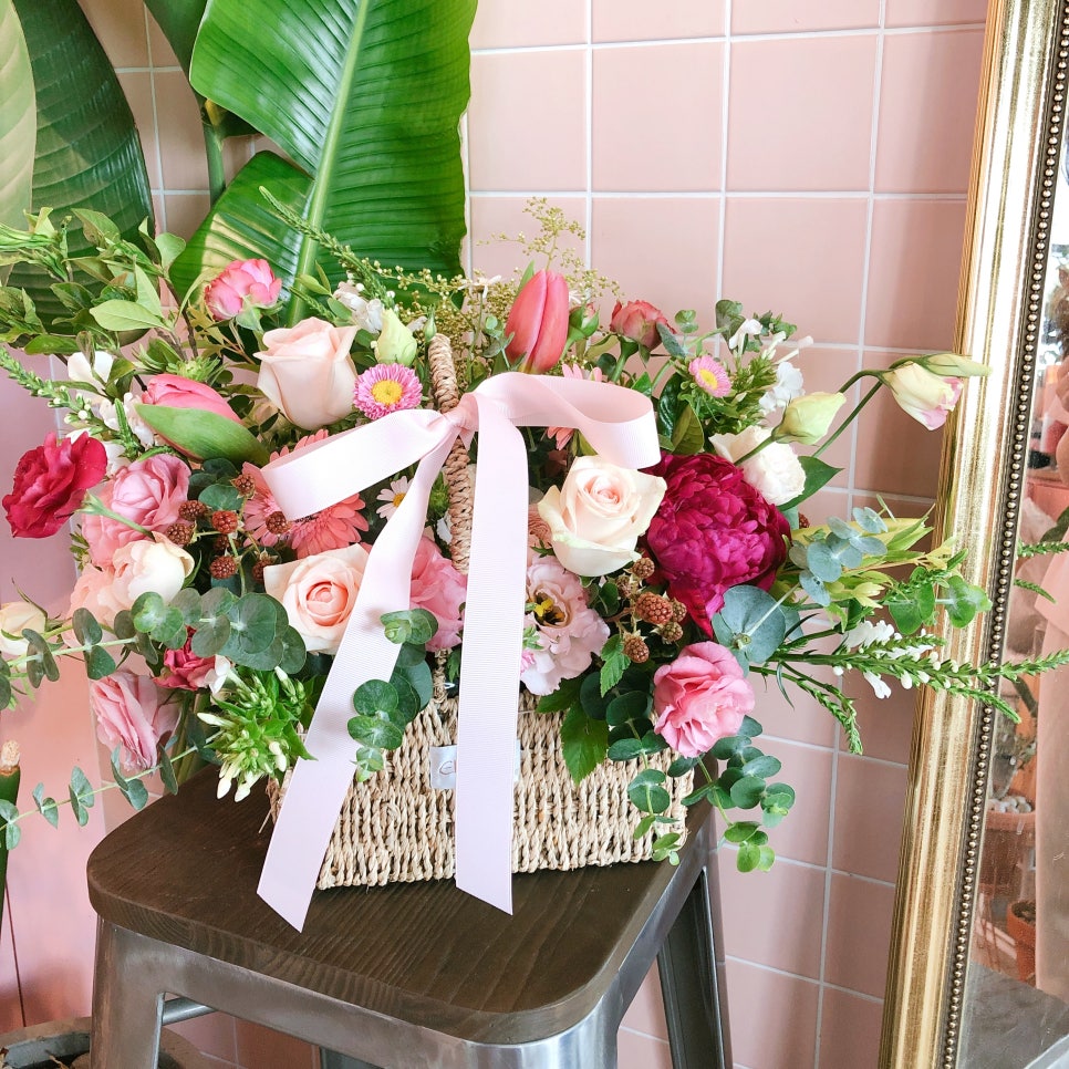 핑크자주 꽃바구니 L 배민 장보기∙쇼핑